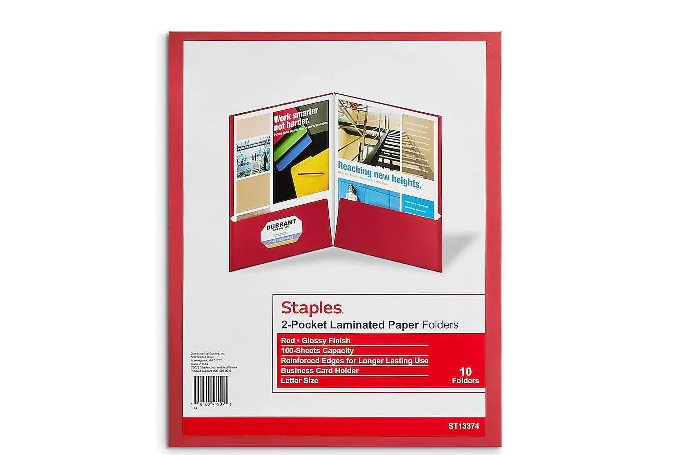 Staples 2-Pocket Laminated Folders Red 30/Carton ST13374-CCVS - Walmart.com