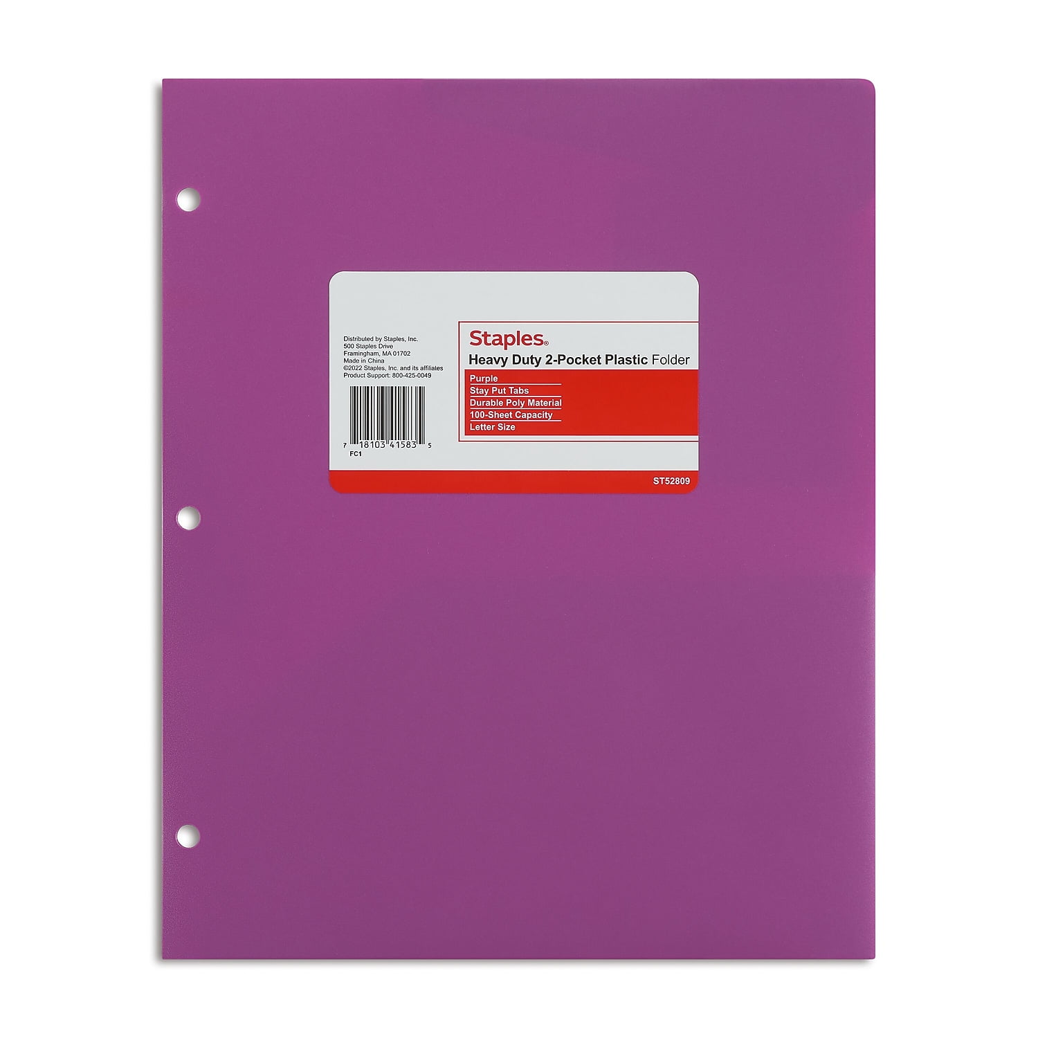 Staples 3-Hole Punched 2-Pocket Plastic Portfolio Folder Purple ...
