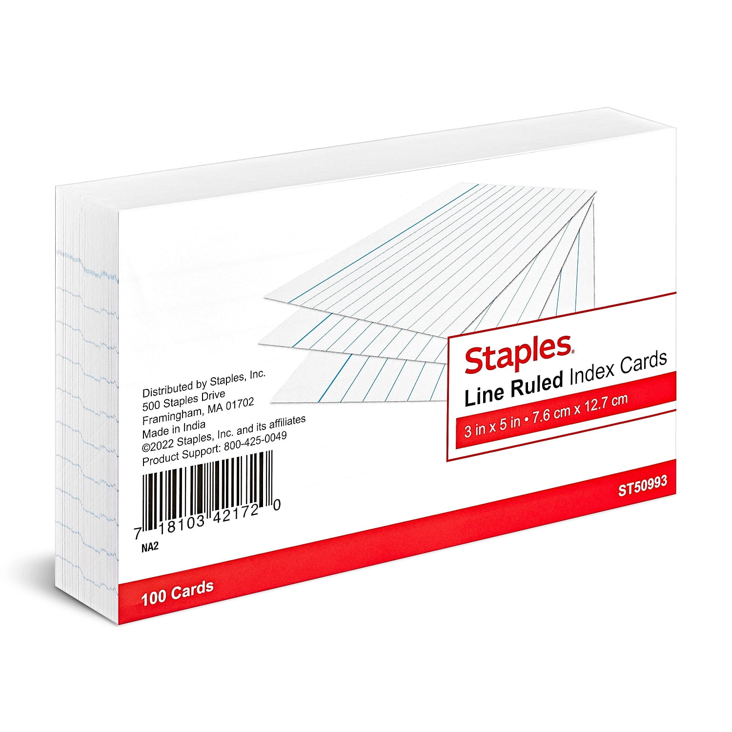 Staples 3" x 5" Line Ruled White Index Cards 100/Pack (50993) TR50993 ...