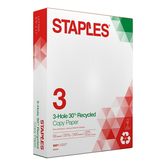 Staples 30% Recycled 8.5" x 11" Copy Paper 20 lbs 92 Brightness 500/RM ...