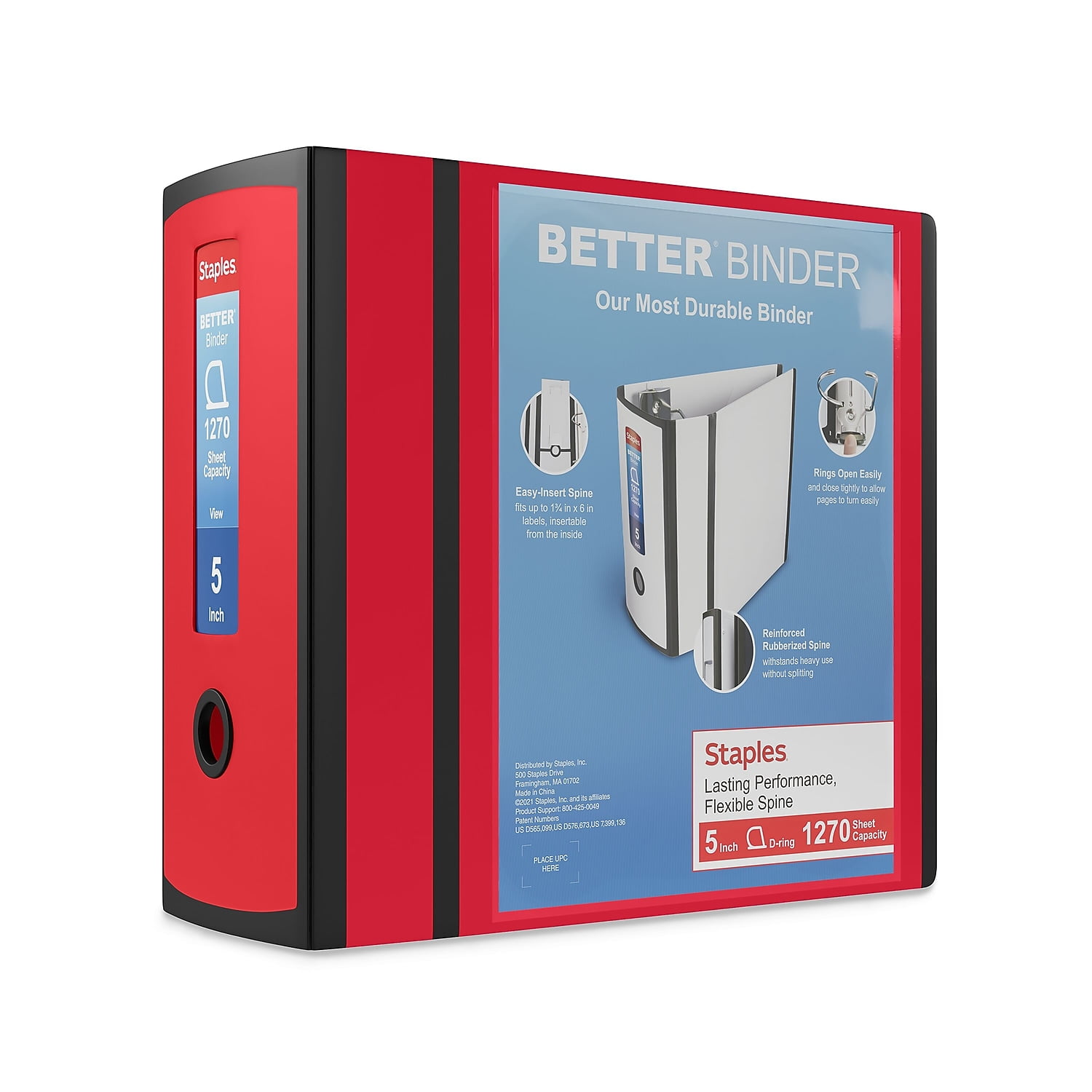 Staples Better Red 5-inch D-Ring View Binder with 1270 Sheet Capacity ...