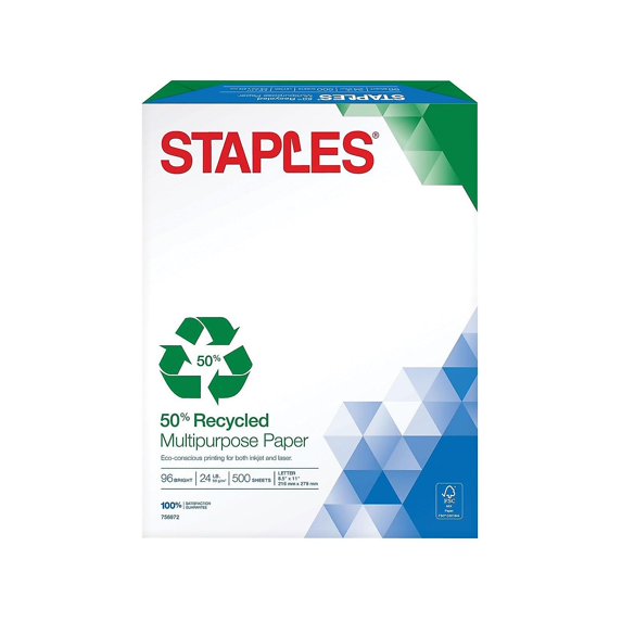 Staples 50% Recycled 8.5" x 11" Printer Purpose Copy Paper, 24 lbs, 96 ...
