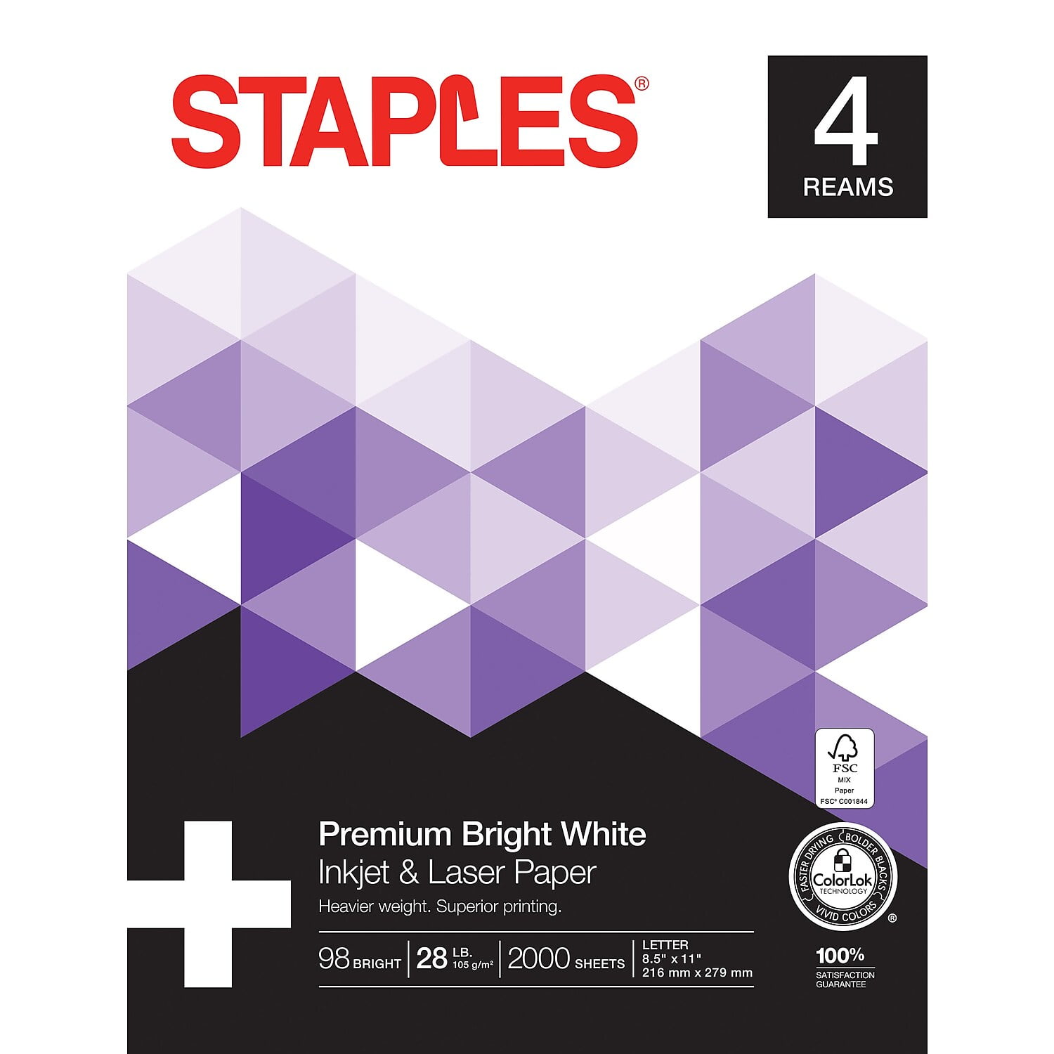 Staples 8.5" x 11" Laser Paper 28 lbs. 98 Brightness 500/RM 4 Reams ...