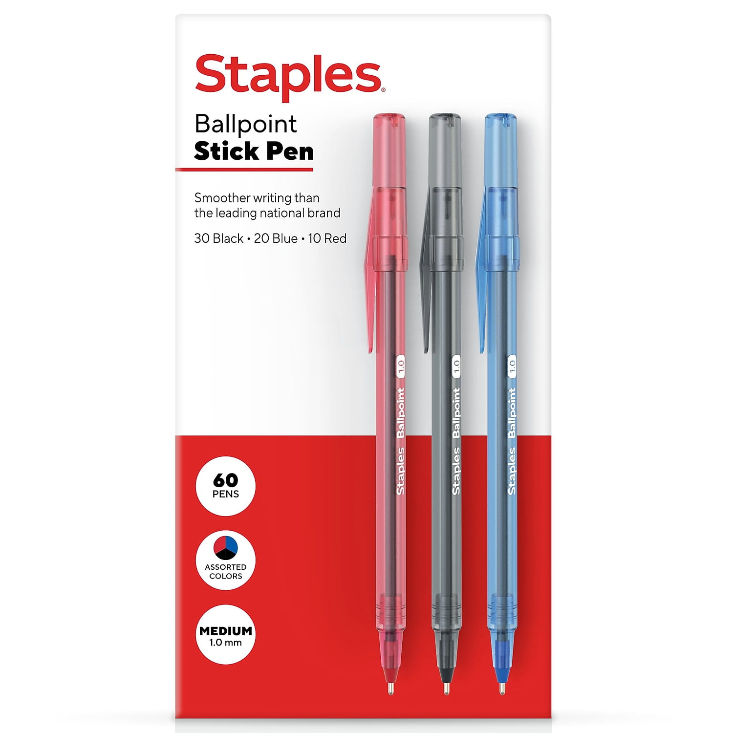 Staples Ballpoint Pen Medium Point 1.0mm Assorted Ink 60/Pack (ST54994 ...