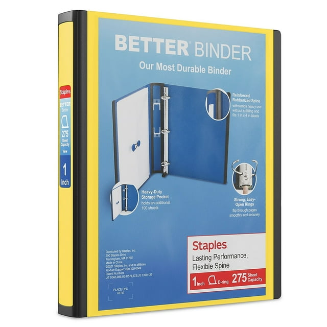 Staples Better 1-Inch D 3-Ring View Binder Yellow (19064) 827601 ...