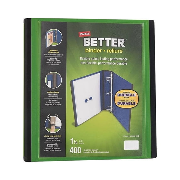1-1/2 Inch Staples Better View Binders with D-Rings (Green) - Walmart.com