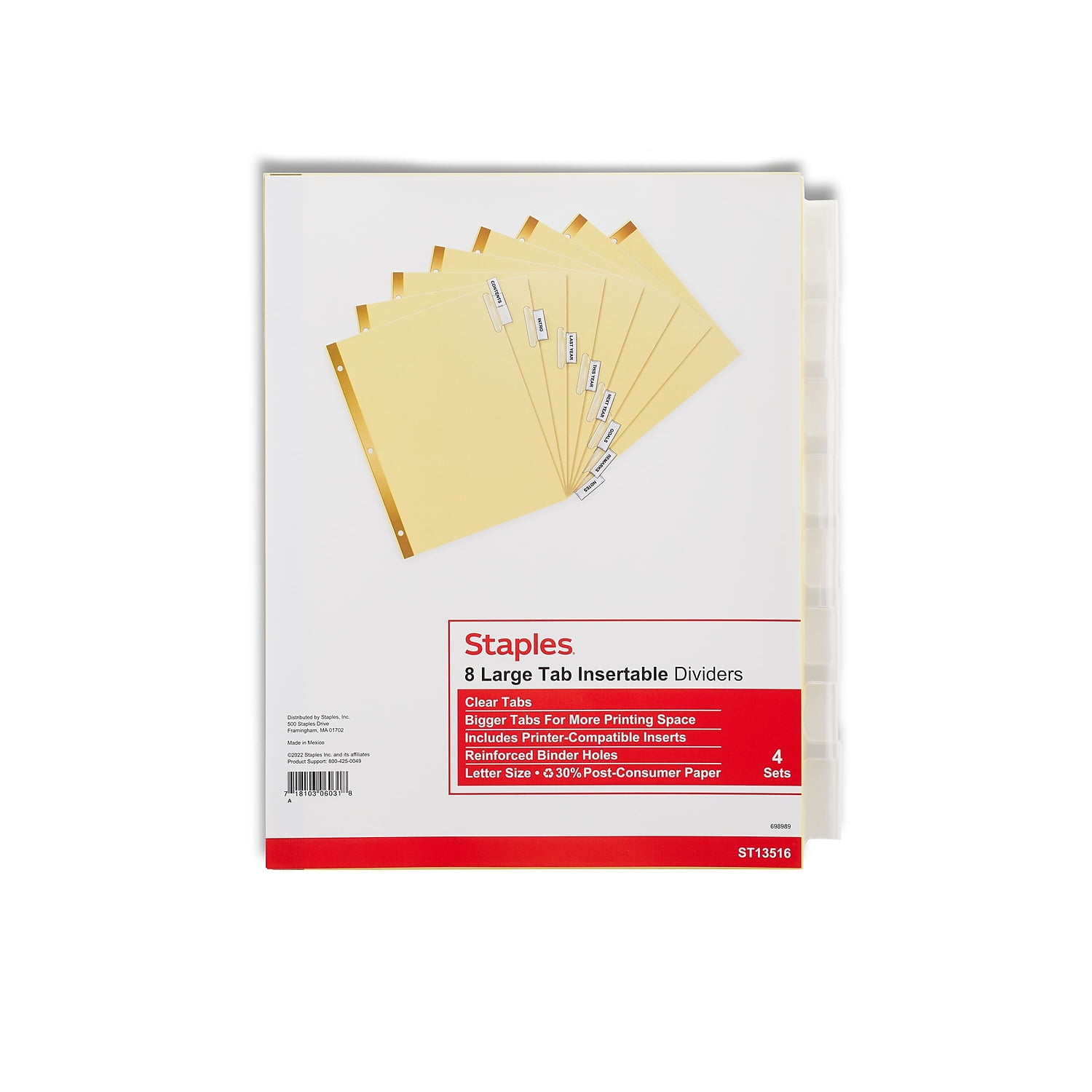 Staples Big Tab Blank Paper Dividers 8-Tab Clear 4/Pack (13516/14482 ...