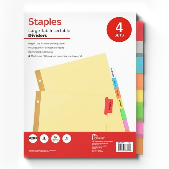 Staples Big Tab Blank Paper Dividers 8-Tab Multicolor 4/Pack (13517/ ...