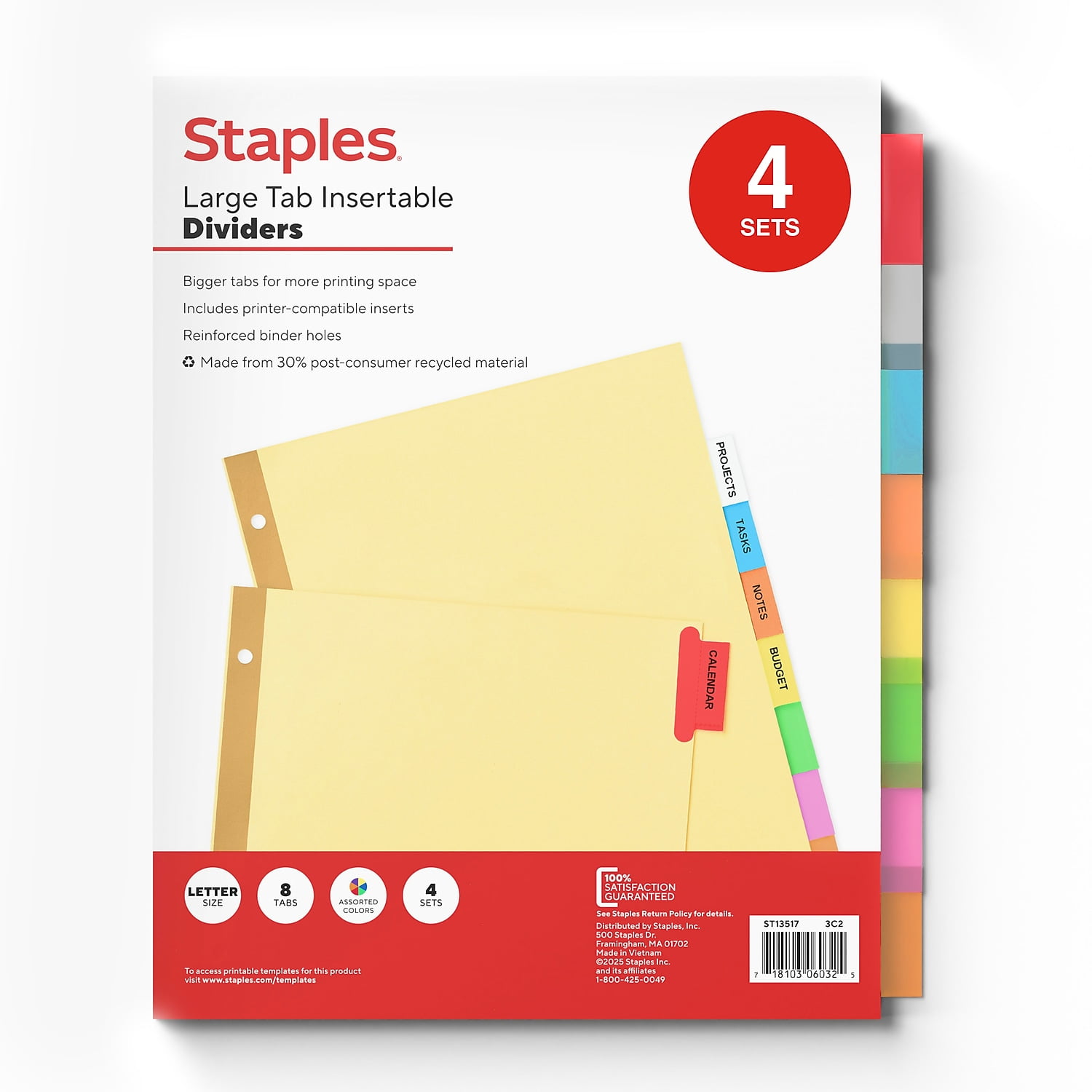 Staples Big Tab Blank Paper Dividers 8-Tab Multicolor 4/Pack (13517/ ...