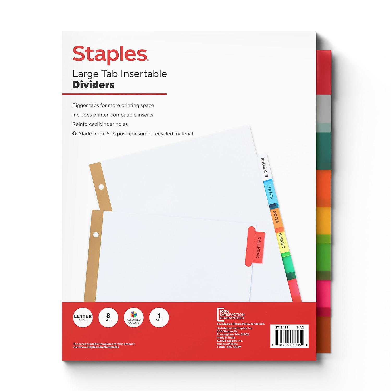 Staples Big Tab Insertable Paper Dividers 8-Tab Multicolor (13492/11123 ...