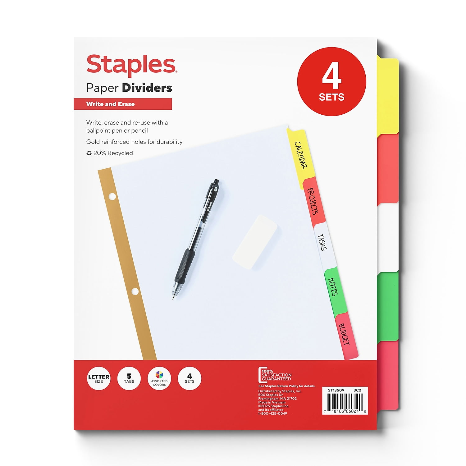 Staples 5-Tab Colored Binder Sections, Write-On Dividers, Multicolor, 4 ...
