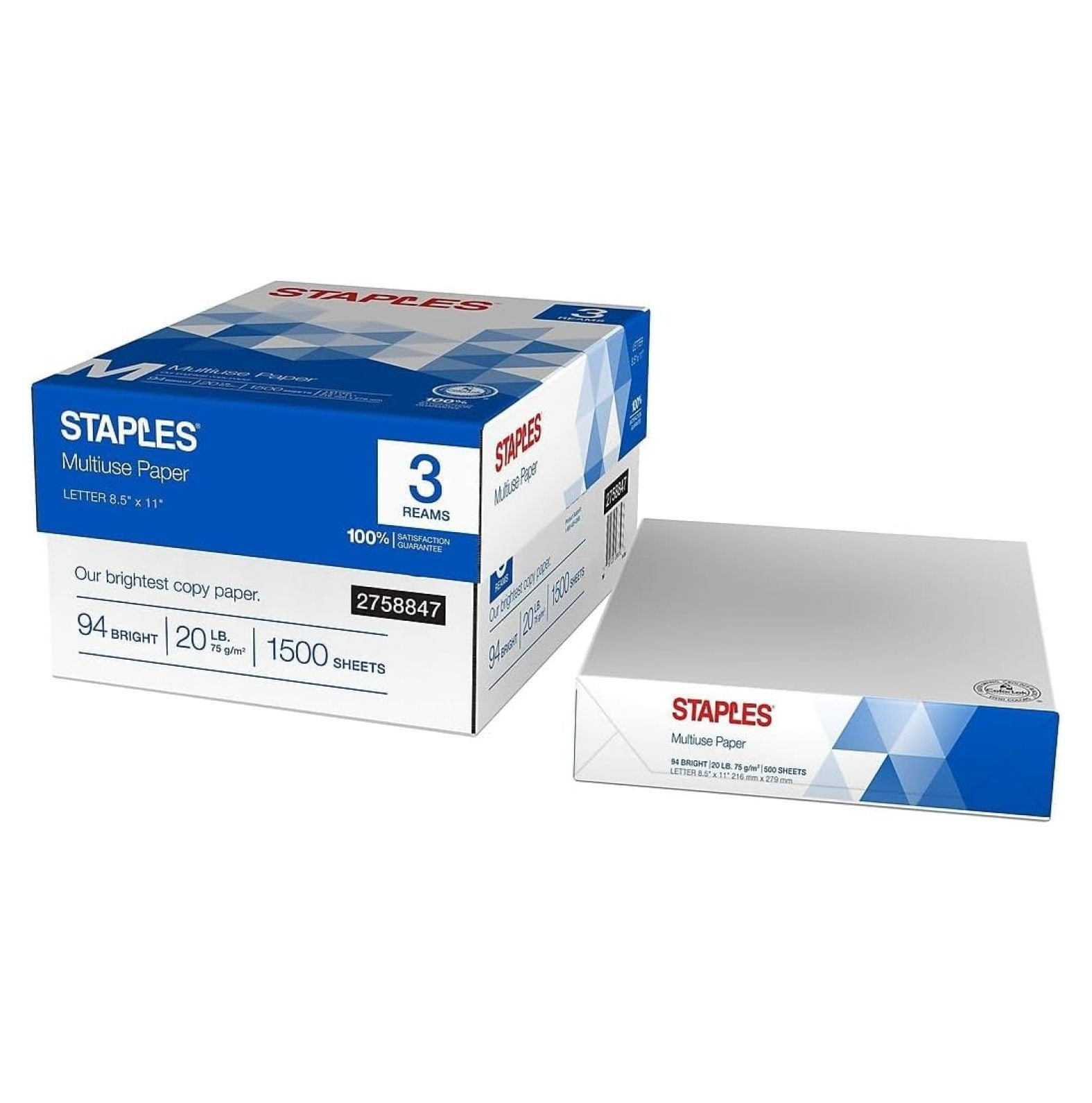 Staples Copy Paper, 8.5 x 11, Multiuse, 20 Lb, 94 Bright, White - 3 ...