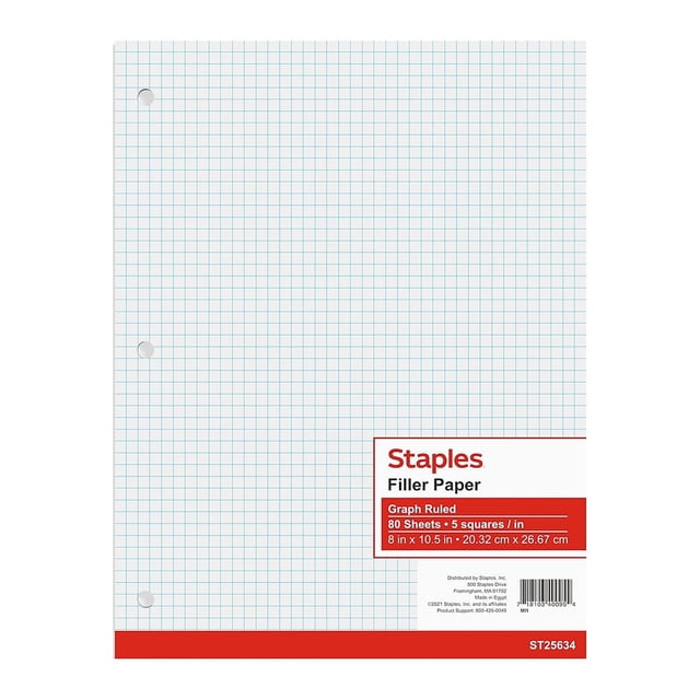 "Staples 8"" x 10.5"" Graph Ruled Filler Paper, 80 Sheets, 3-Hole ...