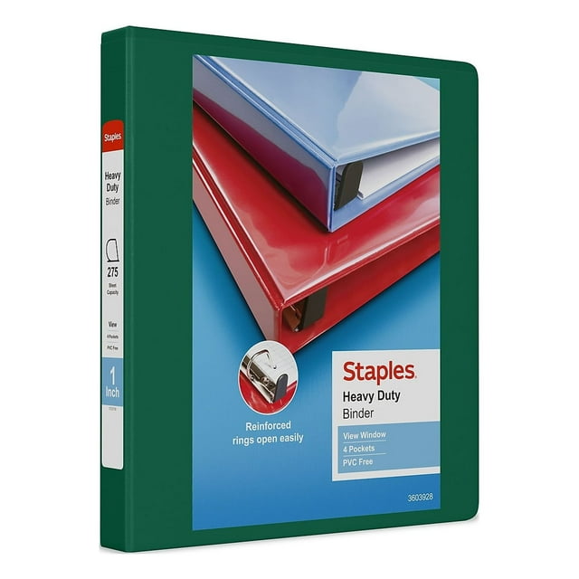 Staples Heavy Duty 1" 3-Ring View Binder with D-Rings and Four Interior ...