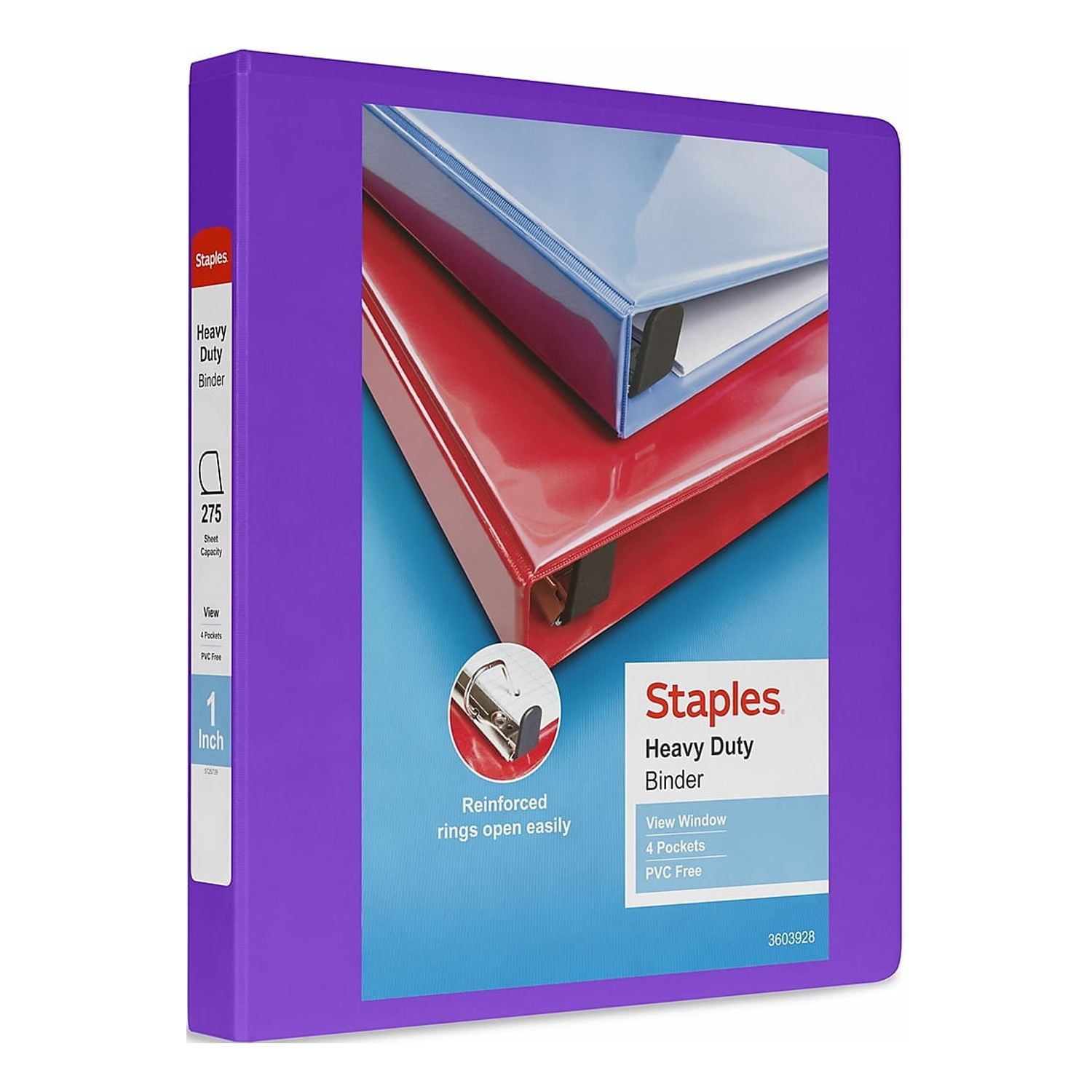 Staples Heavy Duty 1" 3-Ring View Binder with D-Rings and Four Interior ...