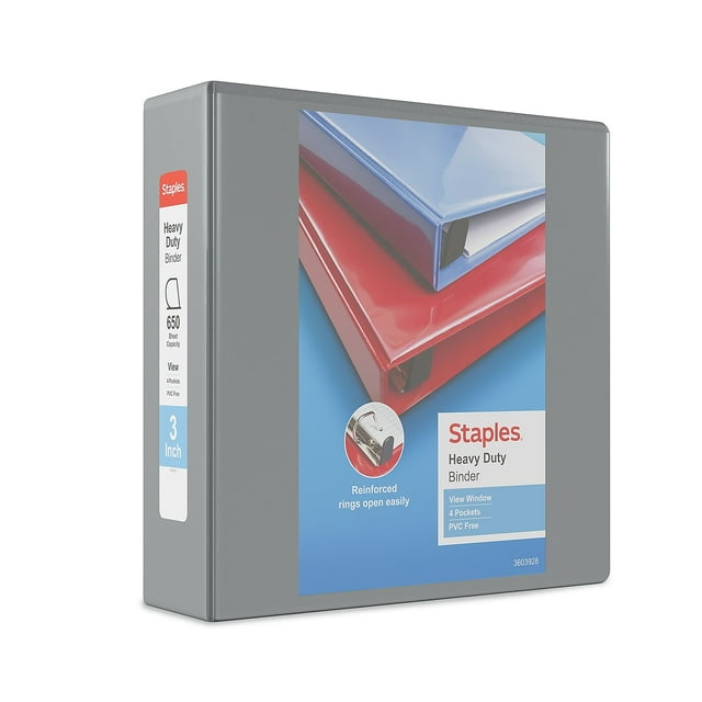 Staples Heavy-Duty 3-Inch D 3-Ring View Binder, Gray, Holds 650 Sheets ...