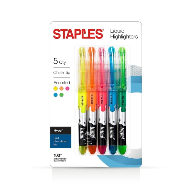 Staples Hype! Multi Variety Pack of 5 Liquid Highlighters, Assorted ...