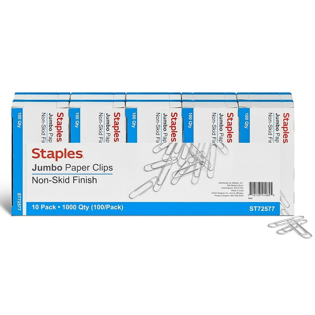 Staples Jumbo Paper Clips Nonskid 100/Box 10 Boxes/Pack (A7026606/72577 ...