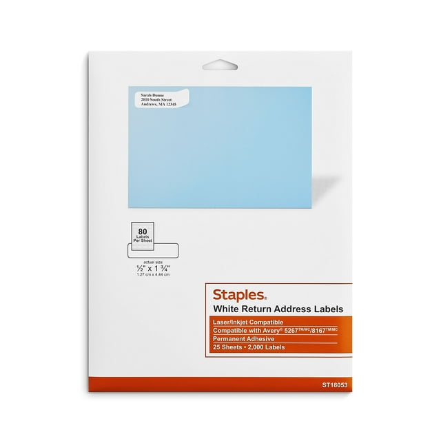 Staples Laser/Inkjet Address Labels 1/2" x 1 3/4" White 80 Labels/Sheet ...