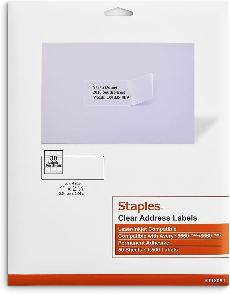 Staples Laser/Inkjet Address Labels, 1 X 2 5/8-inch, Clear, 30 Labels ...