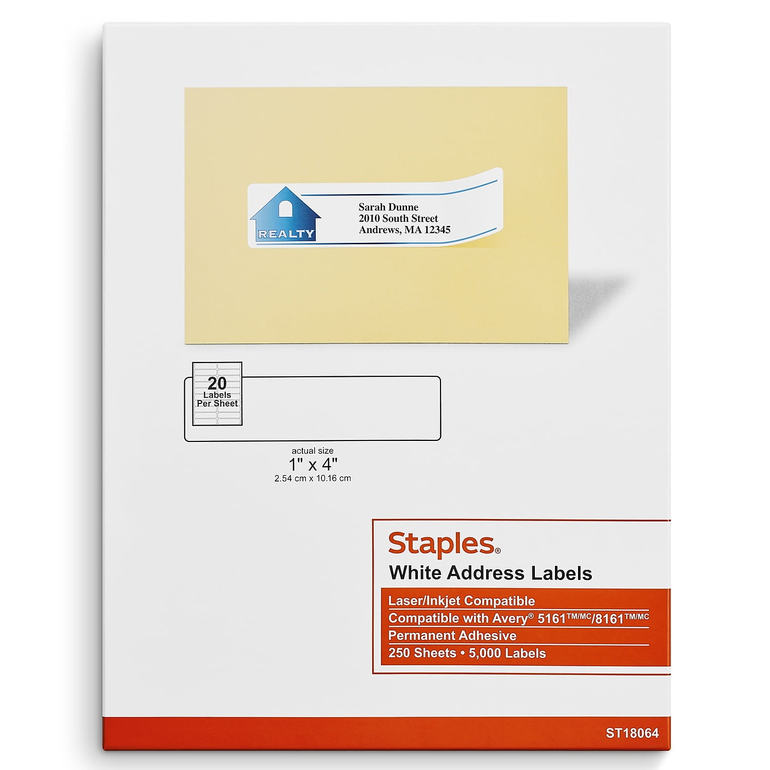 Staples Bright White Laser/Inkjet Address Labels, 1" x 4", 5000/Box, 20 ...