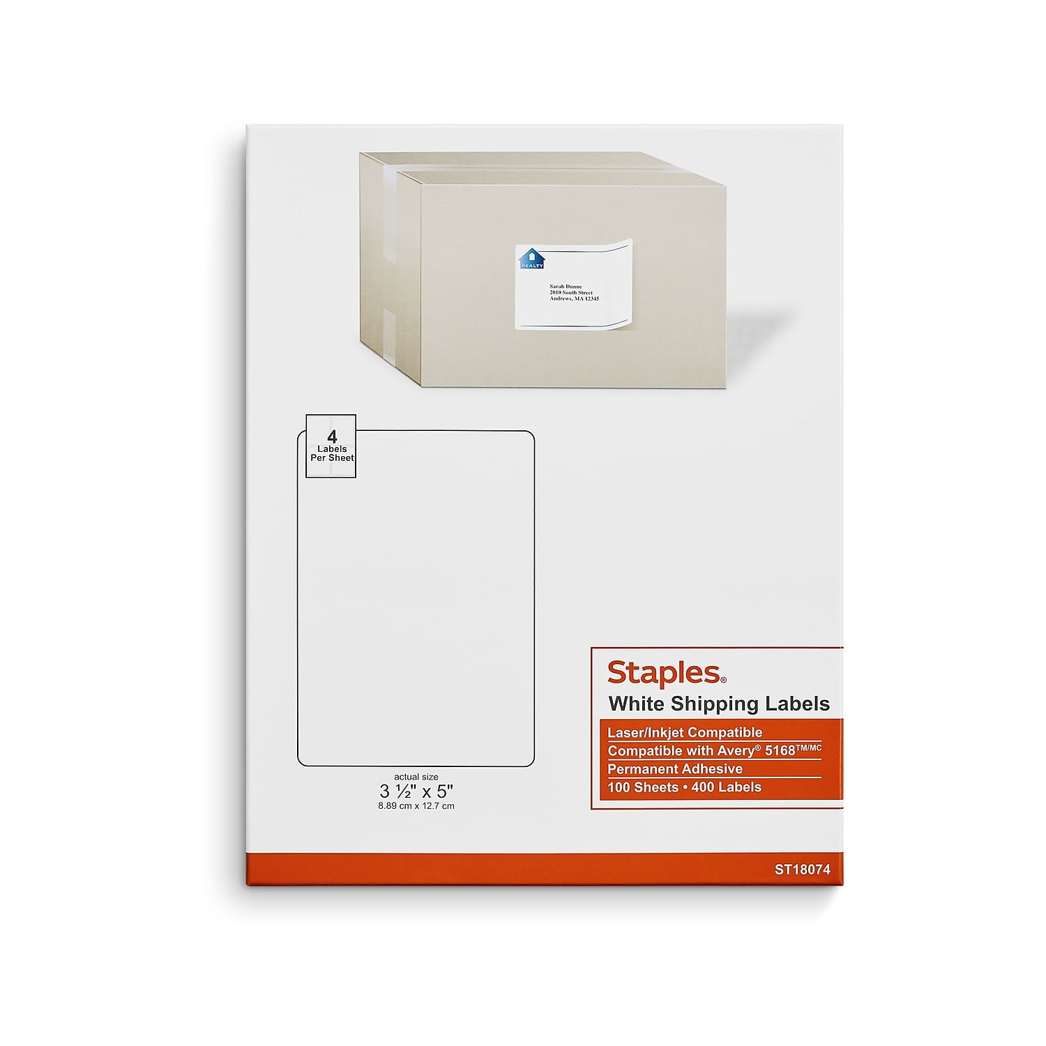 Staples Bright White Laser/Inkjet Shipping Labels, 3 1/2" x 5", 4 ...