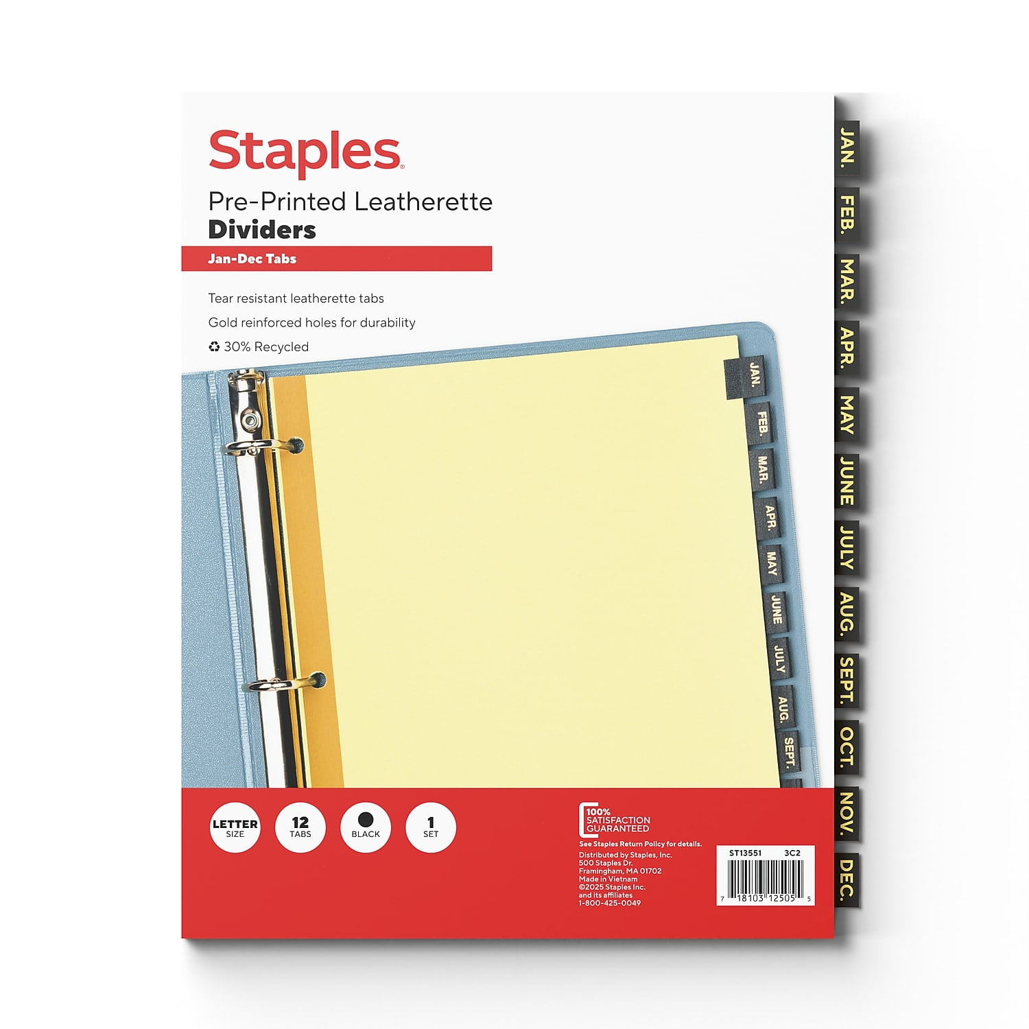 STAPLES Monthly Leatherette Dividers, 12 Buff Tabs, Black, Binder ...