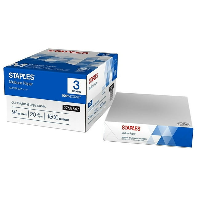 Staples Multiuse 8.5" x 11" Copy Paper 20 lbs 94 Brightness 500/RM 3 RM ...