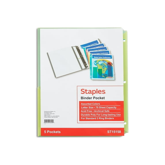 Staples Poly Binder Pockets 3-Hole Punched Assorted Colors 15/Carton ...