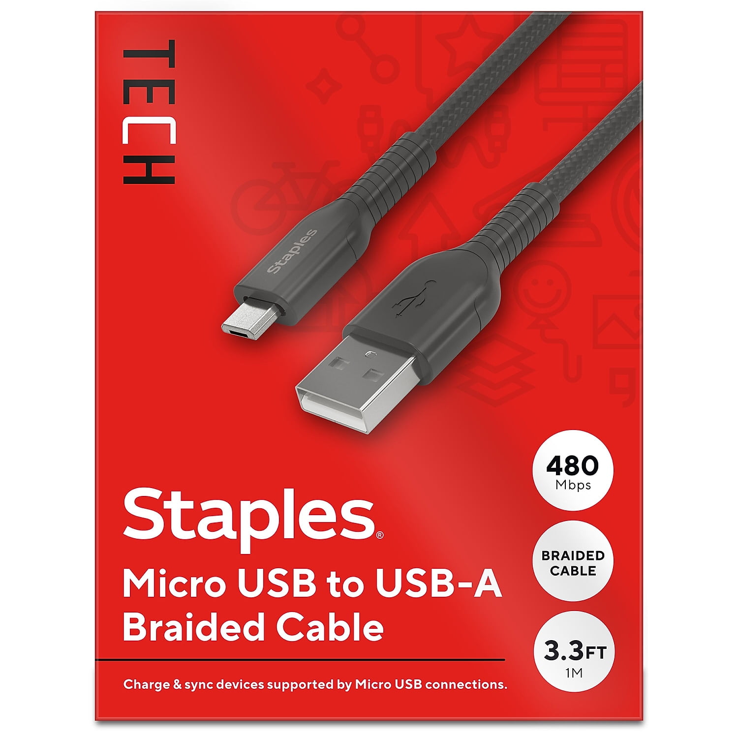 Staples TECH Micro USB to USB-A Charging Cable 3.3 ft. Black (ST62327 ...