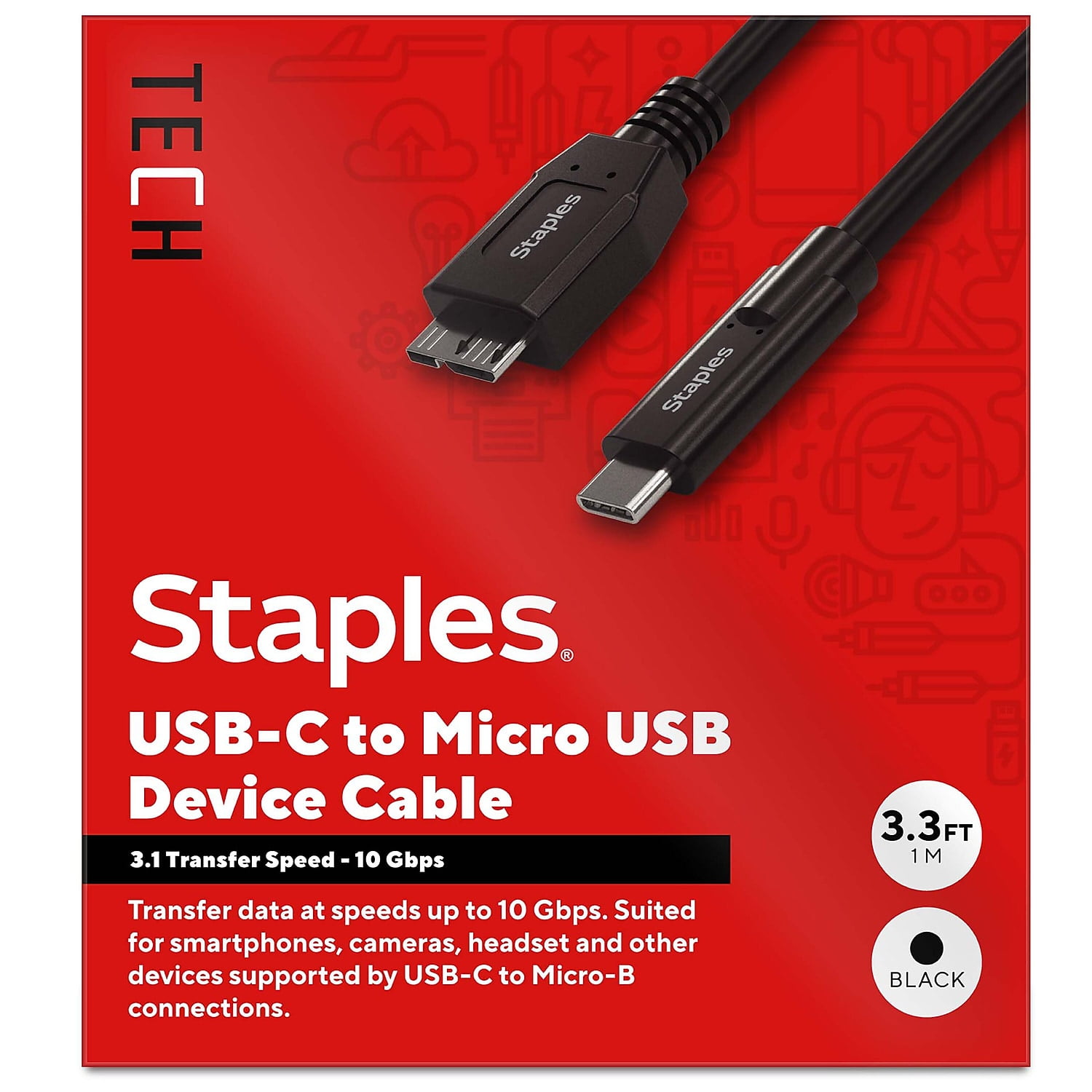 Staples TECH 3.3 ft. USB-C to Micro USB Type-B Audio/Video Cable Male ...