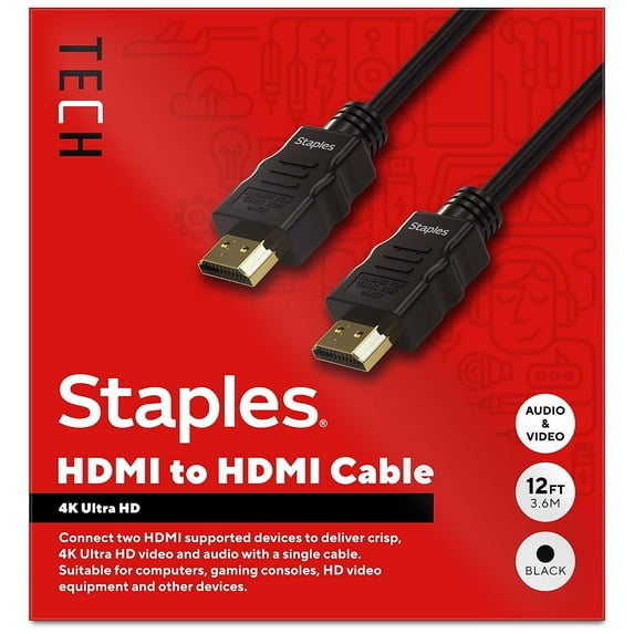 Staples TECH 12 ft. HDMI to HDMI Audio/Video Cable Male to Male Black ...