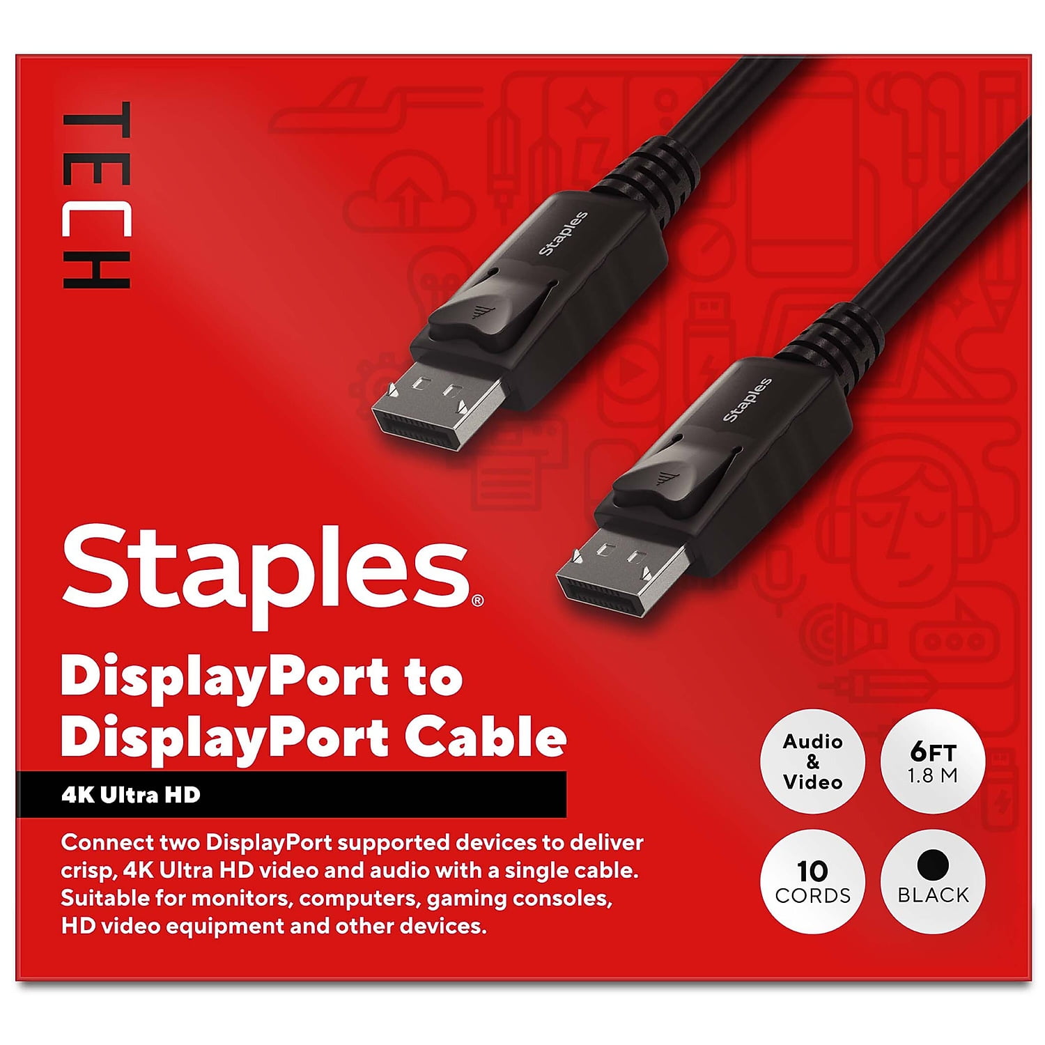 Staples TECH 6 ft. DisplayPort to DisplayPort Audio/Video Cable Male to ...