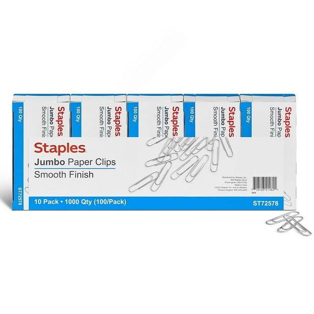 Staples Smooth Paper Clips Jumbo Silver 100/Box 10 Boxes/Pack (A7026605 ...