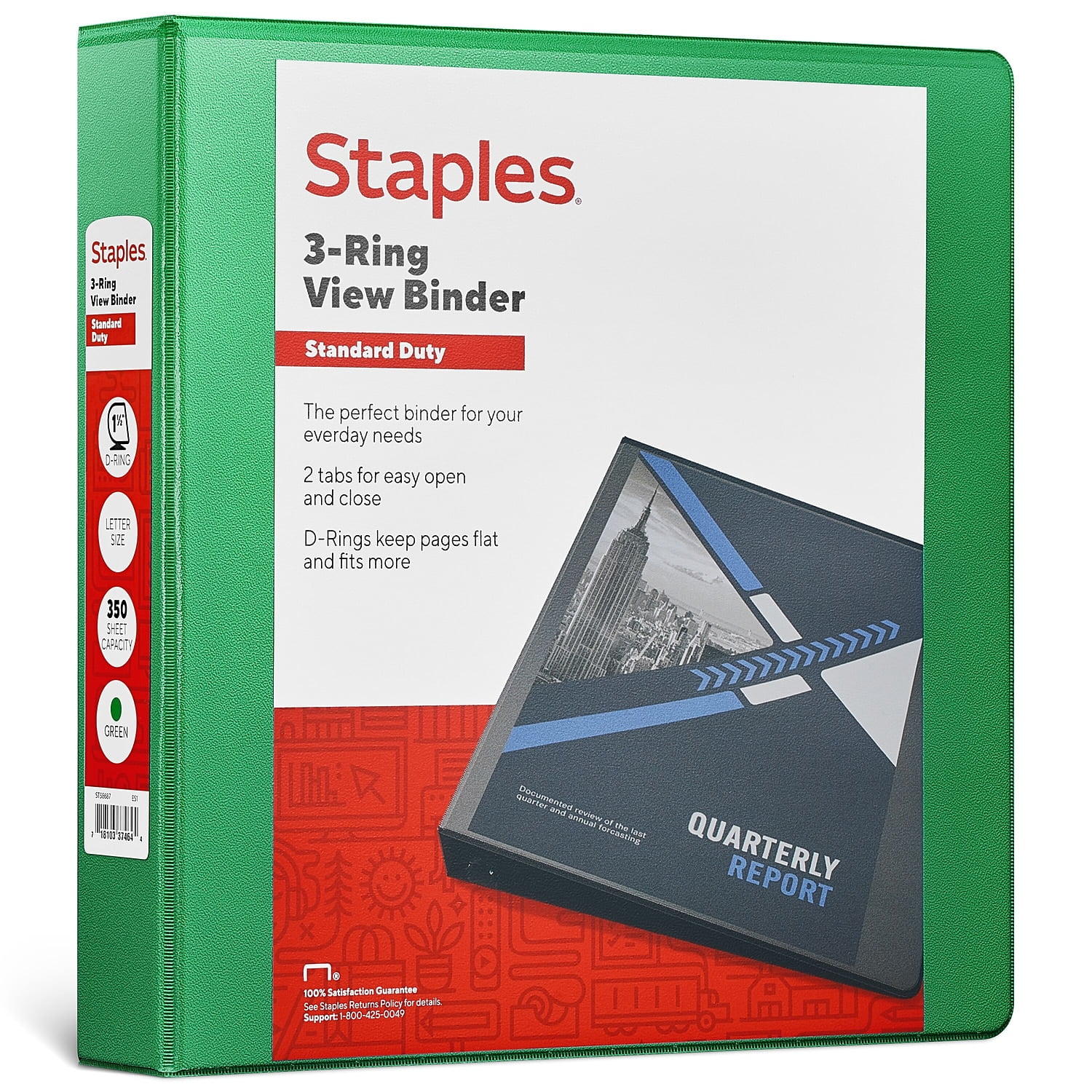 "Staples Standard D-Ring 1.5"" View Binder, Green, 350-Sheet Capacity ...