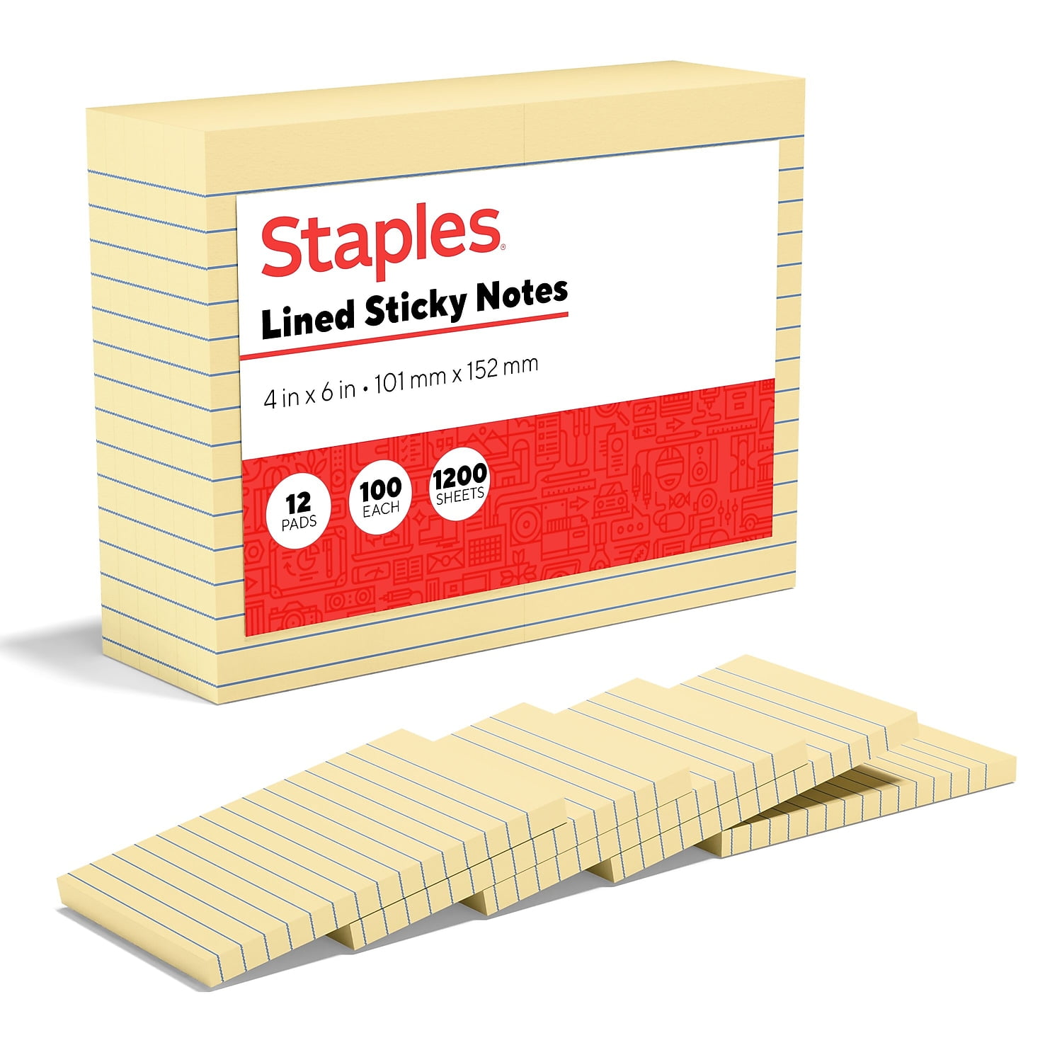 Staples Stickies Lined Standard Notes 4" x 6" 100 Sh./Pad 12 Pads/PK S ...