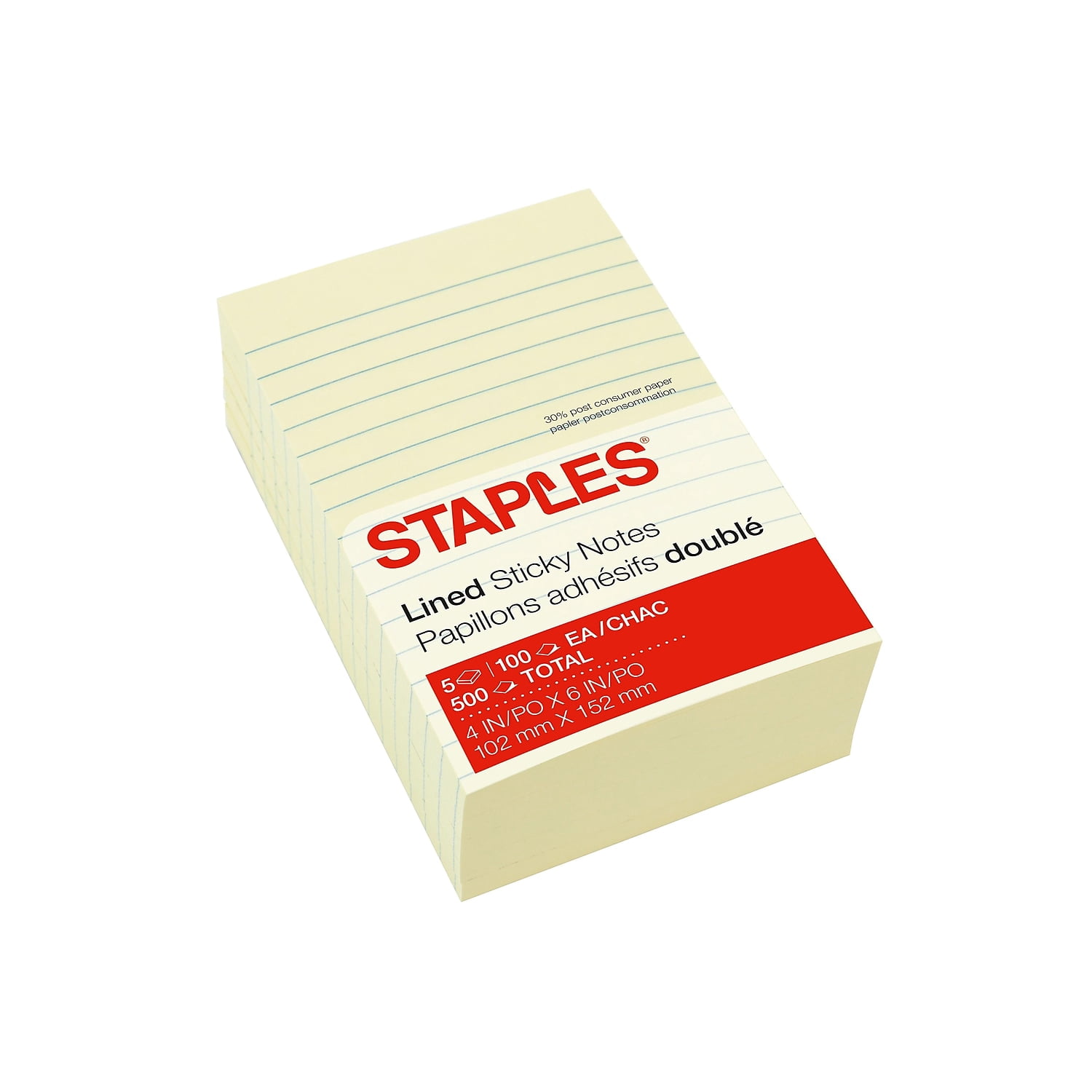 Staples Stickies Recycled Line-Ruled Notes Yellow 4" x 6" 5 Pads/PK ...