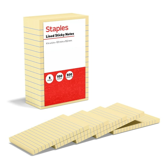 Staples Stickies Recycled Line-Ruled Notes Yellow 4" x 6" 5 Pads/PK ...