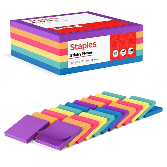 Staples Stickies Standard Notes 3" x 3" Assorted 100 Sh./Pad 24 Pads/PK ...