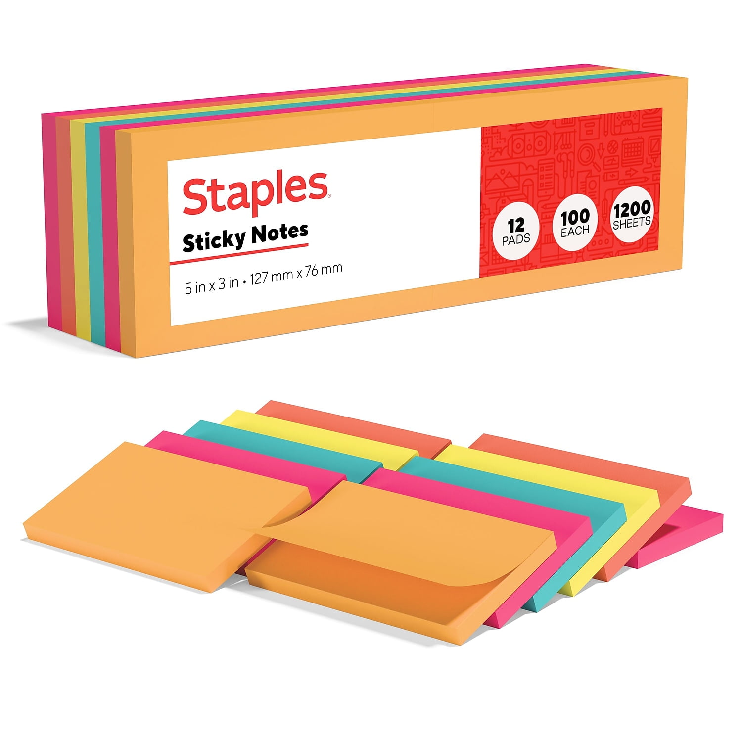 Staples Stickies Standard Notes 3" x 5" Assorted 100 Sh/Pd 12 Pd/Pk S ...