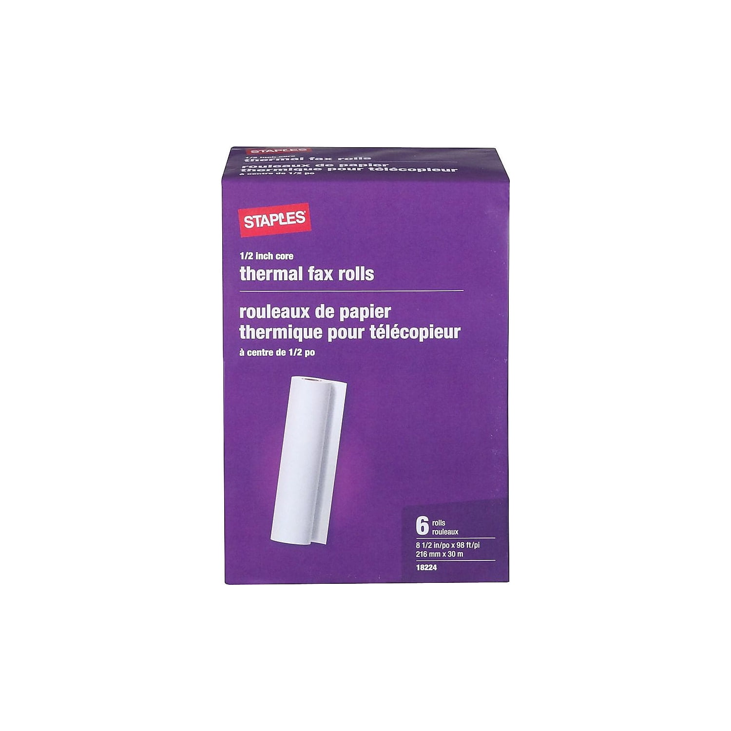 "Staples Thermal Fax Paper Rolls, White, 8.5""W x 98'L, BPA-Free, 6 ...