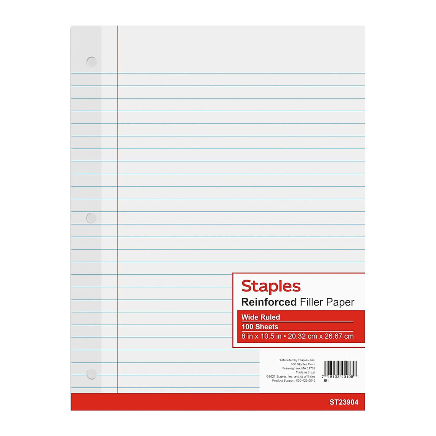 Staples Wide Ruled Filler Paper 8" x 10.5" White 300/Carton ST23904GVS ...