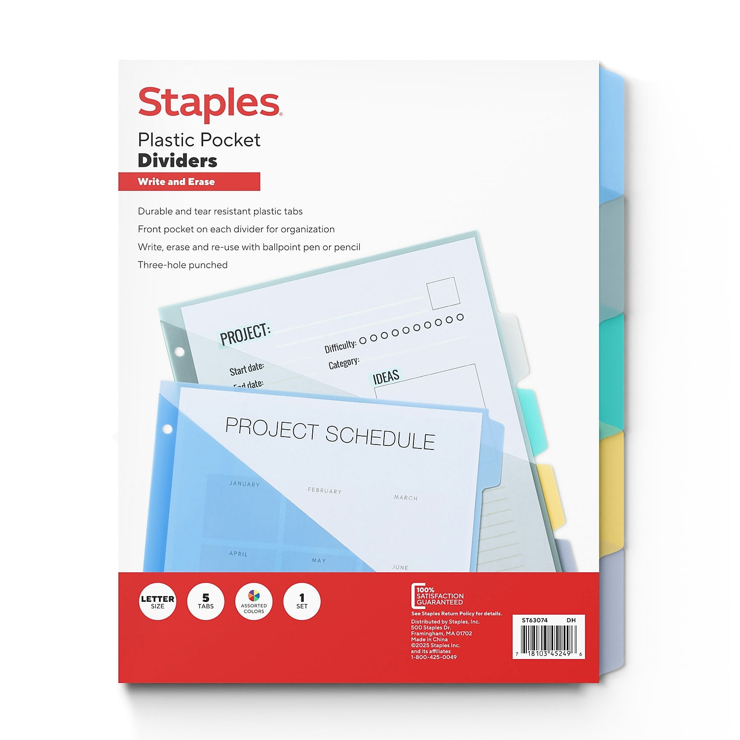 Staples Write & Erase Plastic Dividers with Pockets Multicolor 5-Tabs ...
