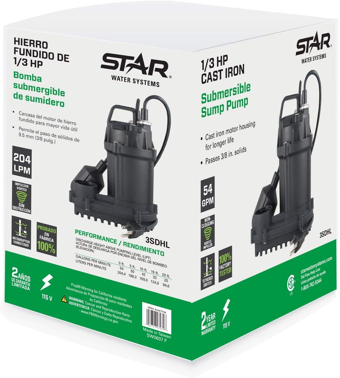 Star 3SDHL Cast Iron 1/3 HP Submersible Sump Pump with Tethered Float ...