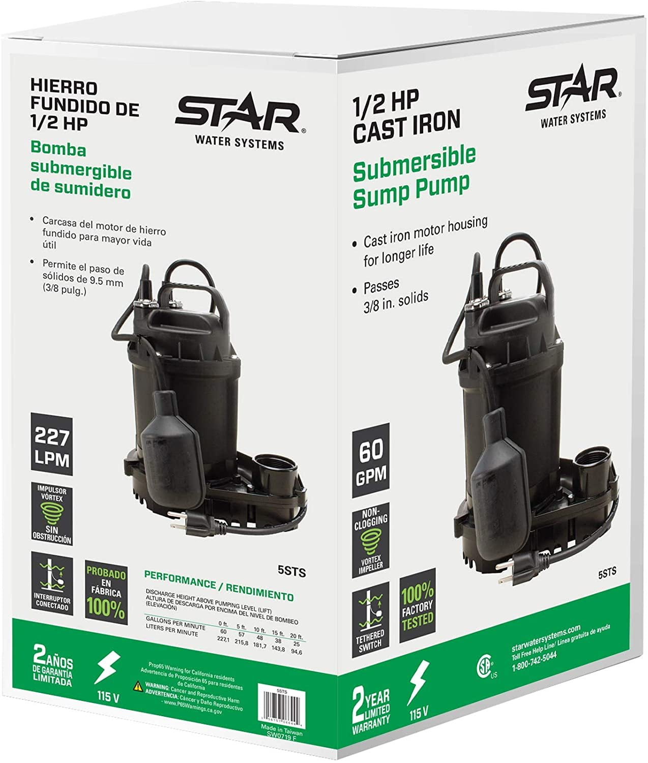 Star 5STS 1/2 HP Cast Iron Submersible Sump Pump with Float Switch 1-1/ ...