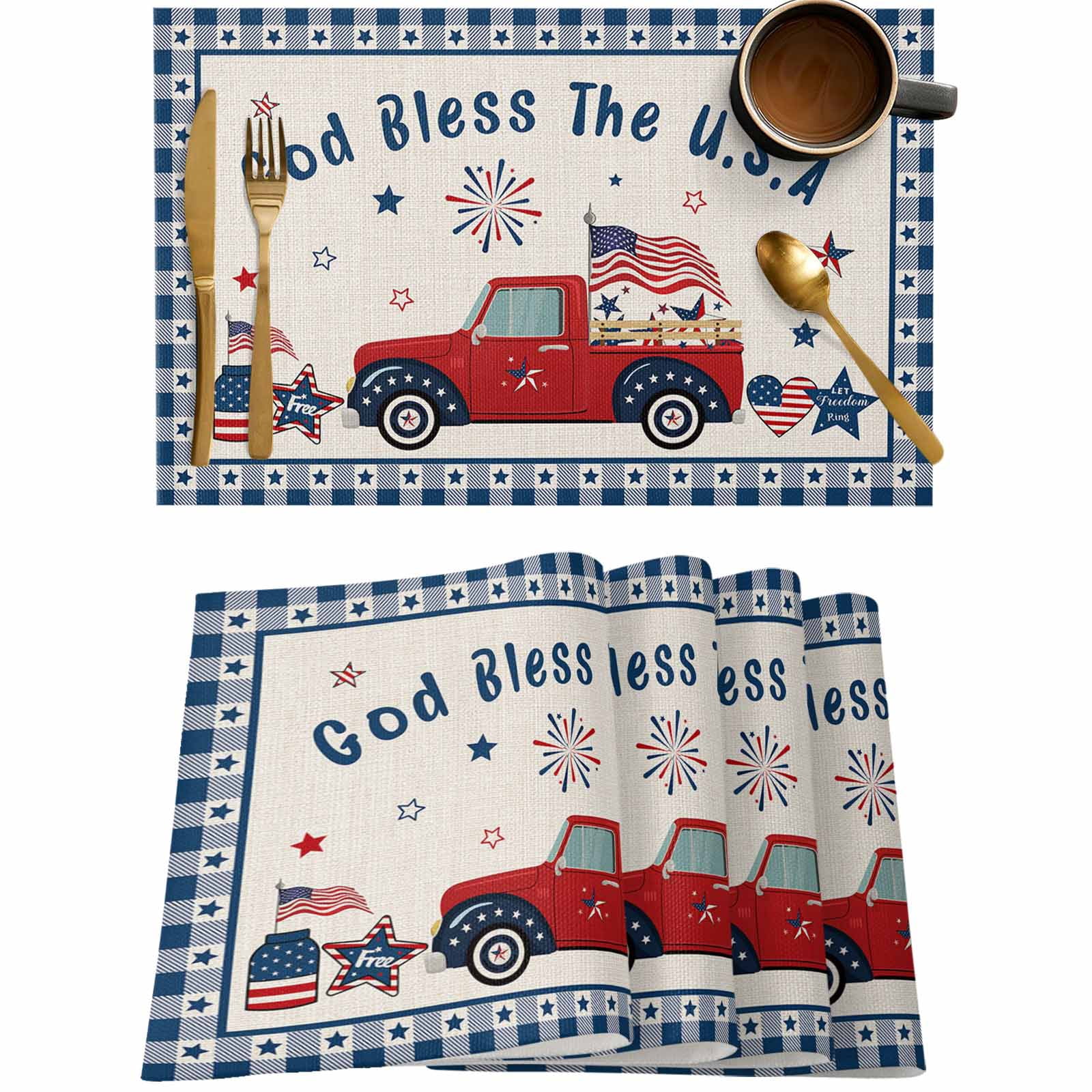 Star American Flag Independence Day Red Farm Truck Placemats Set of 4 ...