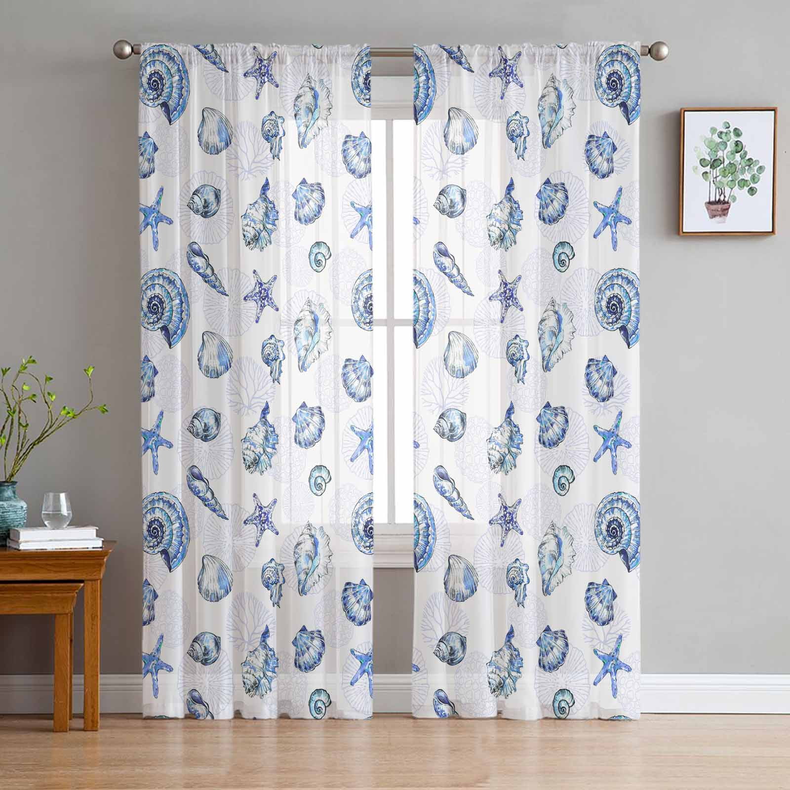 Star And Shell Coral Retro Sheer Curtains for Kids Bedroom Living Room ...