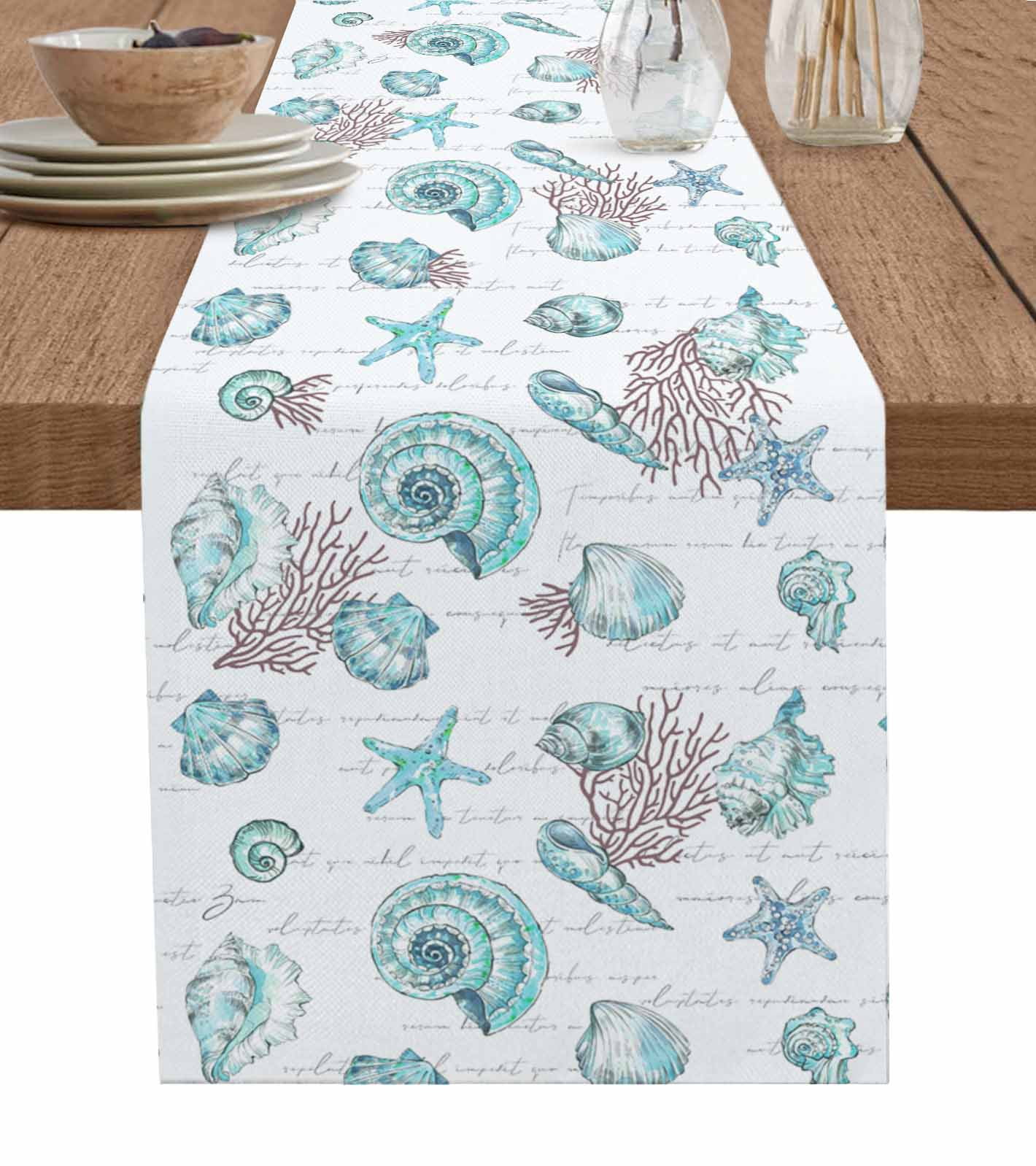 Star And Shells Coral Retro Table Runner Cotton Linen Wedding Table r ...