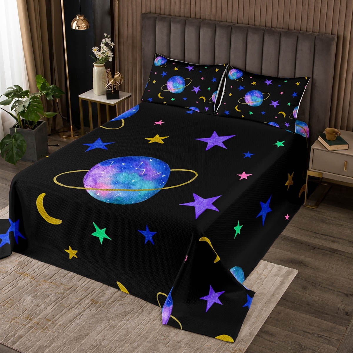 Star Bedspread Twin Size Planet Quilt Sets Purple Gradient Coverlet Set ...