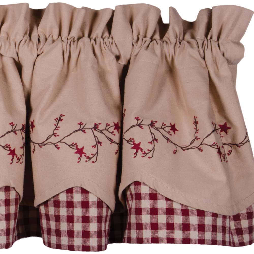 Primitive Home Decors Star Berry Vine Check Valance, Barn Red/Nutmeg ...